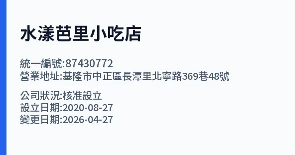 水漾芭里小吃店的照片-統編 87430772(基隆市) 公司登記資料與營業項目詳細圖表