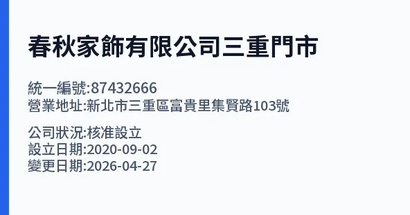 春秋家飾有限公司三重門市的照片-統編 87432666(新北市) 公司登記資料與營業項目詳細圖表
