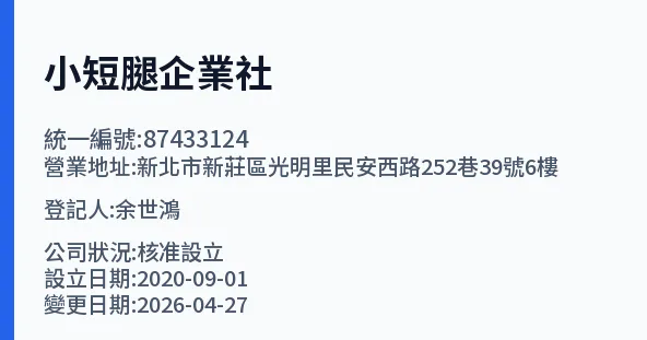 小短腿企業社的照片-統編 87433124(新北市) 公司登記資料與營業項目詳細圖表