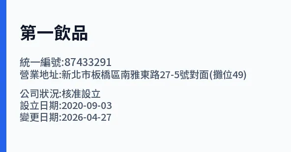 第一飲品的照片-統編 87433291(新北市) 公司登記資料與營業項目詳細圖表