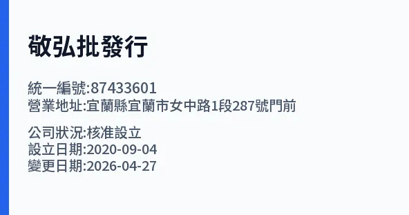 敬弘批發行的照片-統編 87433601(宜蘭縣) 公司登記資料與營業項目詳細圖表