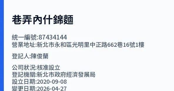 巷弄內什錦麵的照片-統編 87434144(新北市) 公司登記資料與營業項目詳細圖表