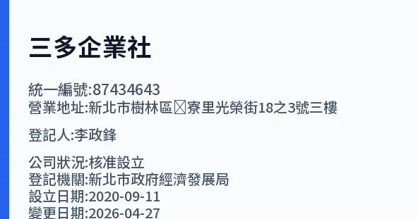 三多企業社的照片-統編 87434643(新北市) 公司登記資料與營業項目詳細圖表