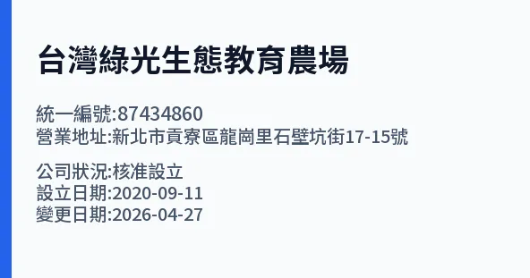 台灣綠光生態教育農場的照片-統編 87434860(新北市) 公司登記資料與營業項目詳細圖表