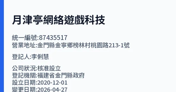 月津亭網絡遊戲科技的照片-統編 87435517(金門縣) 公司登記資料與營業項目詳細圖表