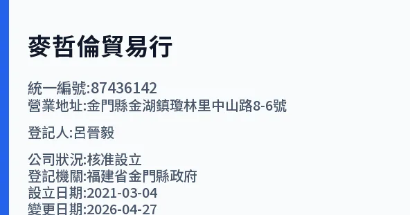 麥哲倫貿易行的照片-統編 87436142(金門縣) 公司登記資料與營業項目詳細圖表
