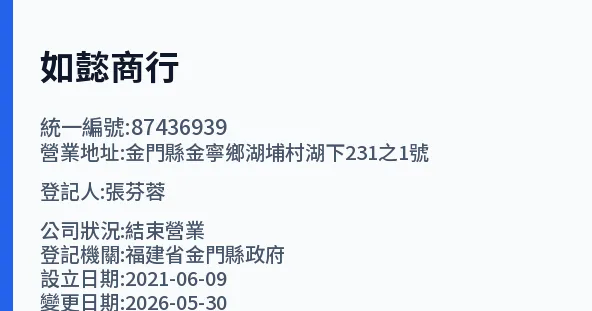 如懿商行的照片-統編 87436939(金門縣) 公司登記資料與營業項目詳細圖表