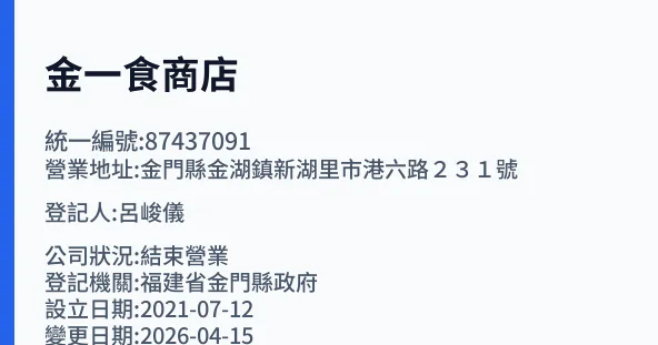金一食商店的照片-統編 87437091(金門縣) 公司登記資料與營業項目詳細圖表