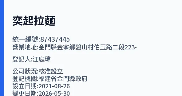 奕起拉麵的照片-統編 87437445(金門縣) 公司登記資料與營業項目詳細圖表