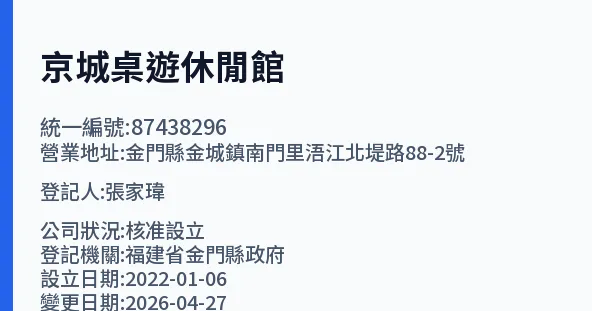 京城桌遊休閒館的照片-統編 87438296(金門縣) 公司登記資料與營業項目詳細圖表