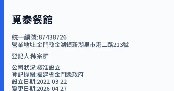 覓泰餐館的照片-統編 87438726(金門縣) 公司登記資料與營業項目詳細圖表