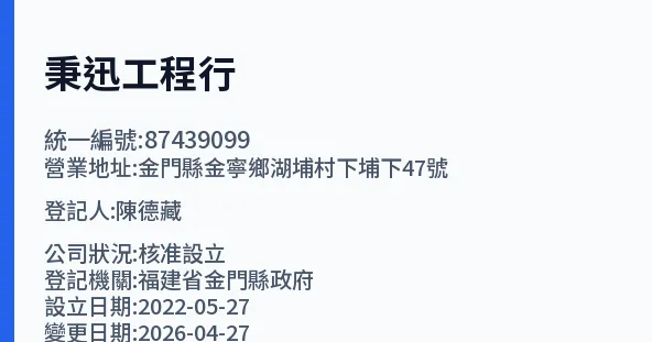 秉迅工程行的照片-統編 87439099(金門縣) 公司登記資料與營業項目詳細圖表
