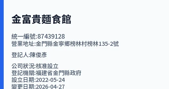 金富貴麵食館的照片-統編 87439128(金門縣) 公司登記資料與營業項目詳細圖表