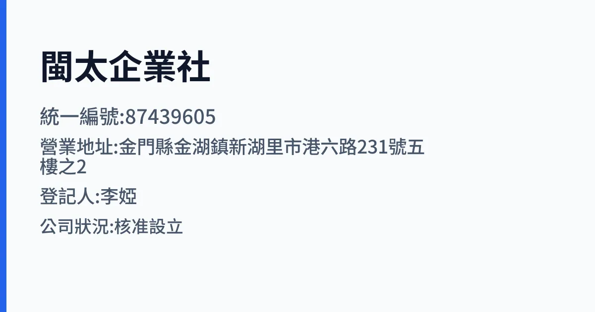 閩太企業社 - 統編 87439605(金門縣) 公司登記資料與營業項目詳細圖表