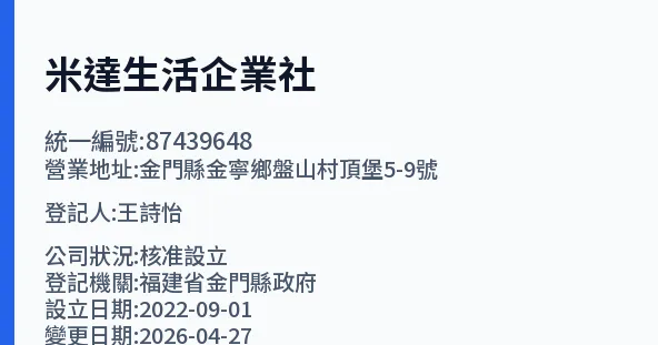 米達生活企業社的照片-統編 87439648(金門縣) 公司登記資料與營業項目詳細圖表