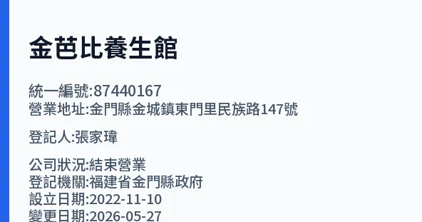 金芭比養生館的照片-統編 87440167(金門縣) 公司登記資料與營業項目詳細圖表