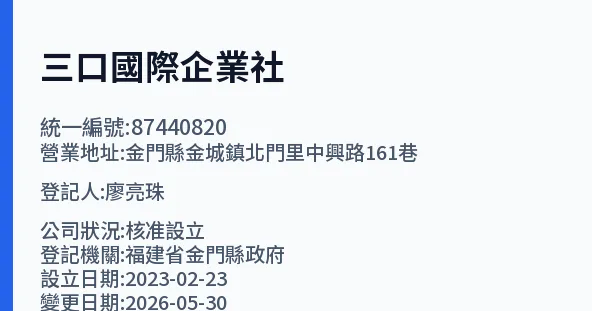 三口國際企業社的照片-統編 87440820(金門縣) 公司登記資料與營業項目詳細圖表