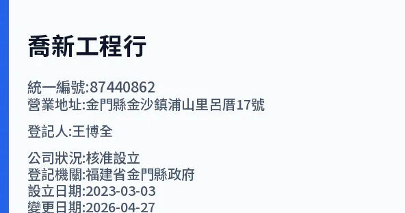 喬新工程行的照片-統編 87440862(金門縣) 公司登記資料與營業項目詳細圖表