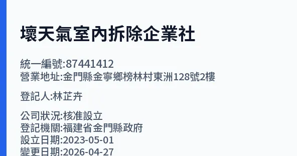 壞天氣室內拆除企業社的照片-統編 87441412(金門縣) 公司登記資料與營業項目詳細圖表