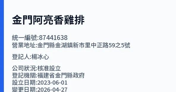 金門阿亮香雞排的照片-統編 87441638(金門縣) 公司登記資料與營業項目詳細圖表