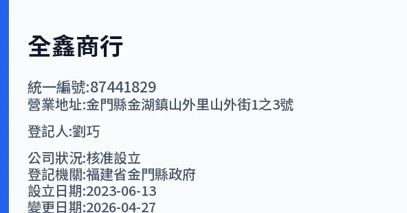 全鑫商行的照片-統編 87441829(金門縣) 公司登記資料與營業項目詳細圖表