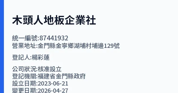 木頭人地板企業社的照片-統編 87441932(金門縣) 公司登記資料與營業項目詳細圖表
