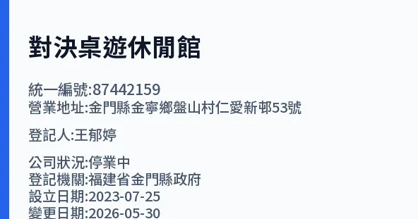 對決桌遊休閒館的照片-統編 87442159(金門縣) 公司登記資料與營業項目詳細圖表