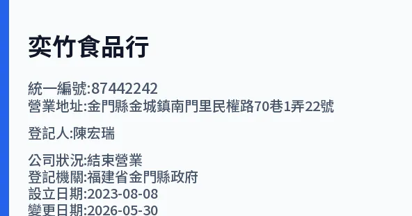 奕竹食品行的照片-統編 87442242(金門縣) 公司登記資料與營業項目詳細圖表