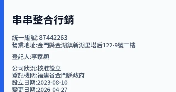 串串整合行銷的照片-統編 87442263(金門縣) 公司登記資料與營業項目詳細圖表