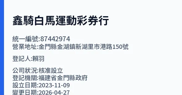 鑫騎白馬運動彩券行的照片-統編 87442974(金門縣) 公司登記資料與營業項目詳細圖表