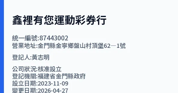 鑫裡有您運動彩券行的照片-統編 87443002(金門縣) 公司登記資料與營業項目詳細圖表