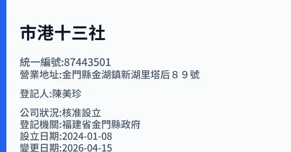 市港十三社的照片-統編 87443501(金門縣) 公司登記資料與營業項目詳細圖表