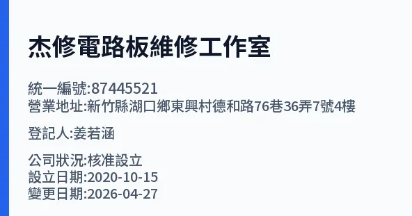 杰修電路板維修工作室的照片-統編 87445521(新竹縣) 公司登記資料與營業項目詳細圖表