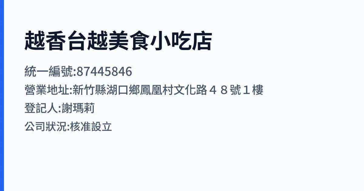 越香台越美食小吃店 - 統編 87445846(新竹縣) 公司登記資料與營業項目詳細圖表