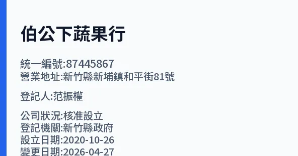 伯公下蔬果行的照片-統編 87445867(新竹縣) 公司登記資料與營業項目詳細圖表
