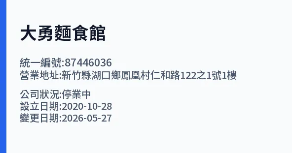 大勇麵食館的照片-統編 87446036(新竹縣) 公司登記資料與營業項目詳細圖表