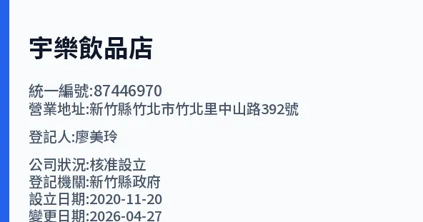 宇樂飲品店的照片-統編 87446970(新竹縣) 公司登記資料與營業項目詳細圖表