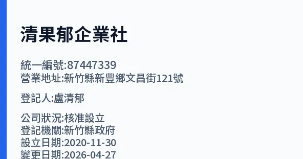 清果郁企業社的照片-統編 87447339(新竹縣) 公司登記資料與營業項目詳細圖表