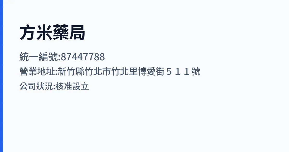方米藥局 - 統編 87447788(新竹縣) 公司登記資料與營業項目詳細圖表