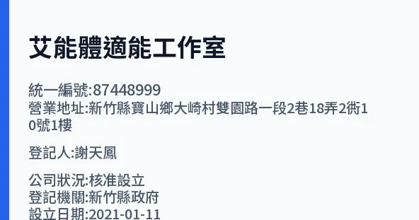 艾能體適能工作室的照片-統編 87448999(新竹縣) 公司登記資料與營業項目詳細圖表