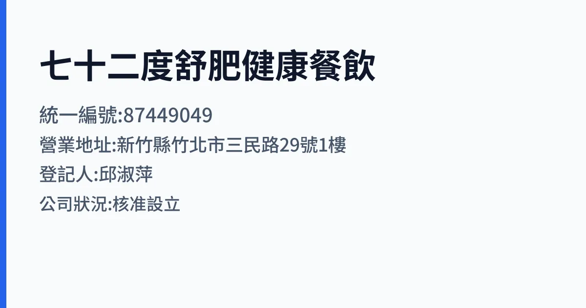 七十二度舒肥健康餐飲 - 統編 87449049(新竹縣) 公司登記資料與營業項目詳細圖表