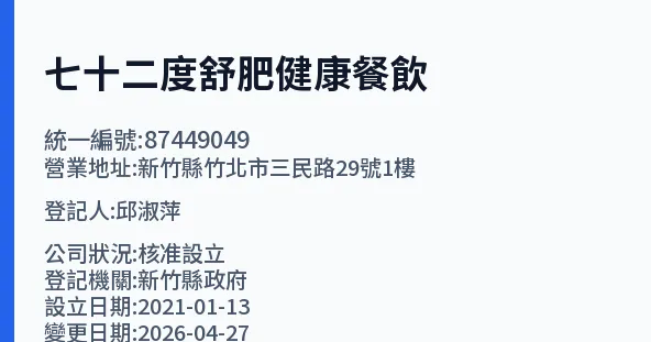 七十二度舒肥健康餐飲的照片-統編 87449049(新竹縣) 公司登記資料與營業項目詳細圖表