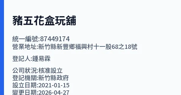 豬五花盒玩舖的照片-統編 87449174(新竹縣) 公司登記資料與營業項目詳細圖表
