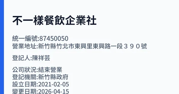 不一樣餐飲企業社的照片-統編 87450050(新竹縣) 公司登記資料與營業項目詳細圖表