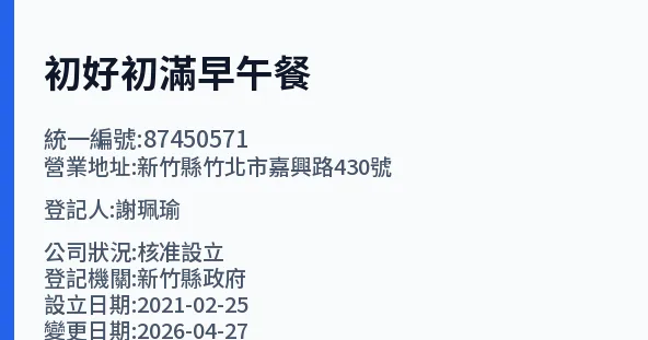 初好初滿早午餐的照片-統編 87450571(新竹縣) 公司登記資料與營業項目詳細圖表
