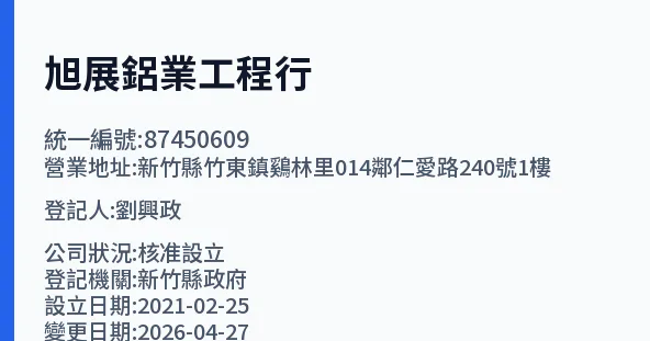 旭展鋁業工程行的照片-統編 87450609(新竹縣) 公司登記資料與營業項目詳細圖表