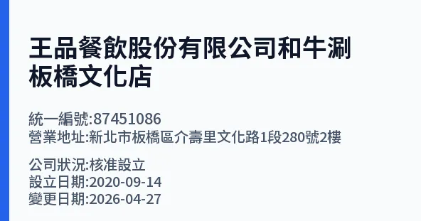 王品餐飲股份有限公司和牛涮板橋文化店的照片-統編 87451086(新北市) 公司登記資料與營業項目詳細圖表