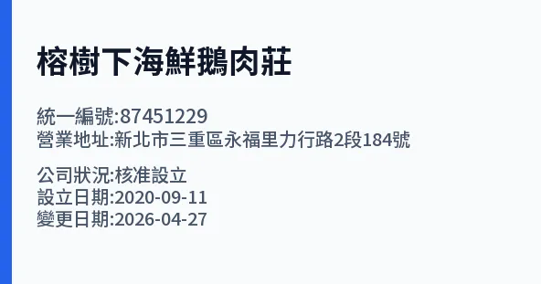 榕樹下海鮮鵝肉莊的照片-統編 87451229(新北市) 公司登記資料與營業項目詳細圖表