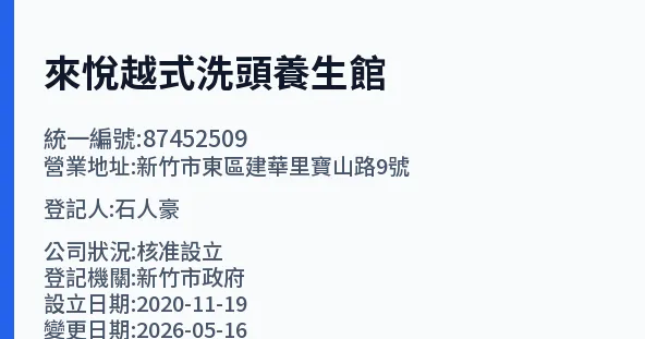 來悅越式洗頭養生館的照片-統編 87452509(新竹市) 公司登記資料與營業項目詳細圖表
