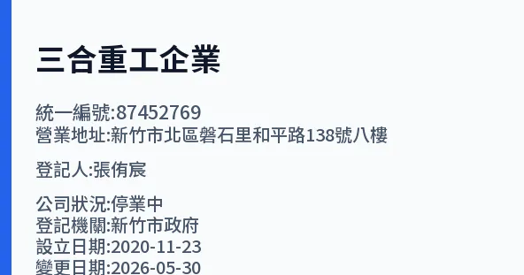 三合重工企業的照片-統編 87452769(新竹市) 公司登記資料與營業項目詳細圖表